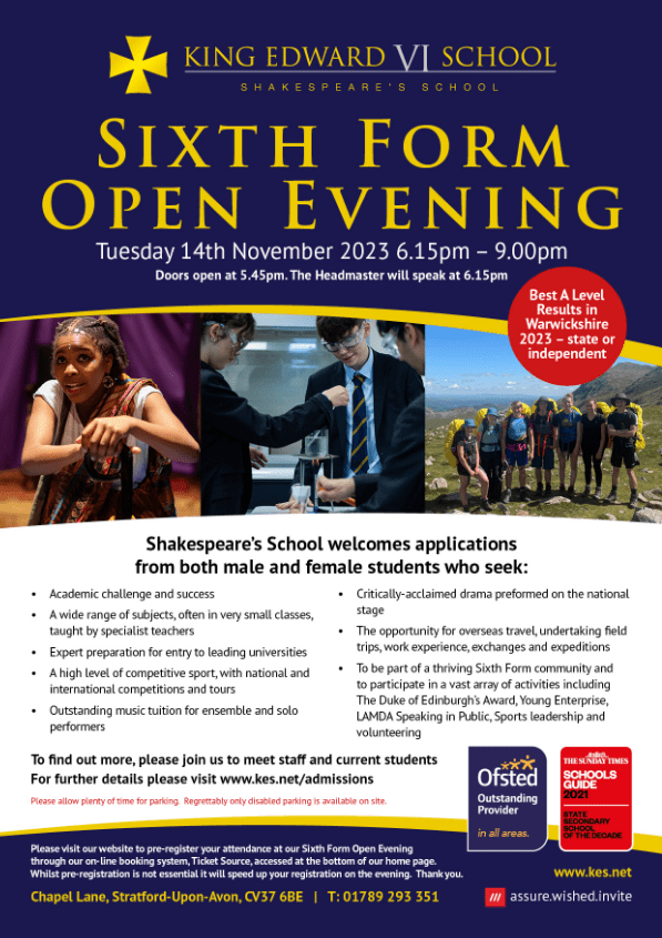 Sixth Form Open Evening (Pre-registration) at Levi Fox Hall, King ...